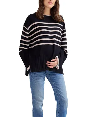 Hatch Collection The Carly Knit Maternity Pullover Sweater - Black/oat Melange Stripe