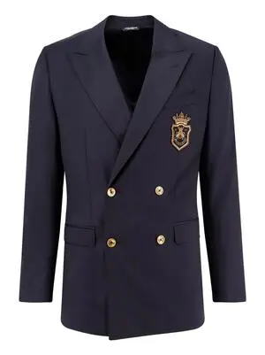 Dolce & Gabbana Stretch Virgin Wool Blazer With Frontal Logo Patch - Blue