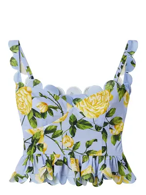 Oscar De La Renta Cropped Floral-print Top - Blue