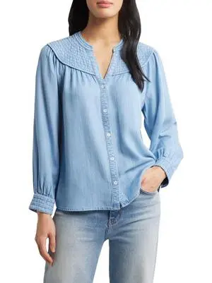 Wit & Wisdom Split Neck Balloon Sleeve Top - Light Blue