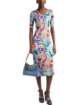 Etro Paisley Print Stretch Jersey Midi Dress - Stampa F.do Blu