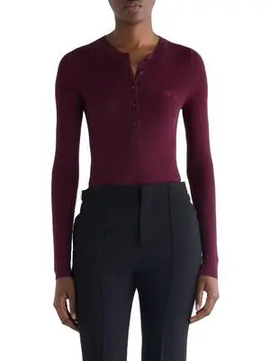 Chloé Long Sleeve Wool Rib Henley - Burgundy