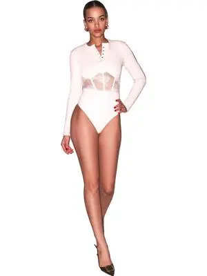 FLEUR DU MAL Rib & Bouquet Lace Underbust Bodysuit - Ecru