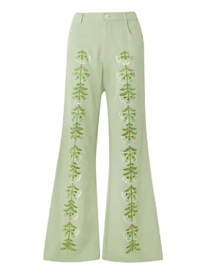 Alix Of Bohemia Charlie Embroidered Silk Flared Pants - Green