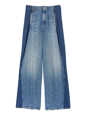 Sandro Contrast-panel Wide-leg Denim Jeans - Bleus