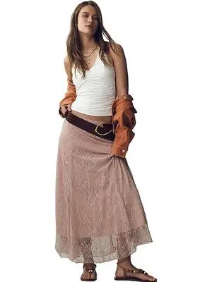 Anthropologie Asymmetric Drop-waist Lace Midi Skirt - Abode Rose