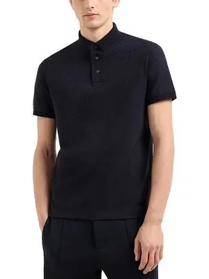 Emporio Armani Textured Jacquard Basketweave Polo Shirt - Navy Blue