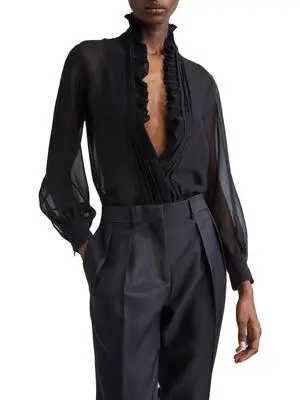 TOM FORD Ruffle Silk Georgette Tuxedo Shirt - Black