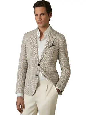 REISS Vitale Single-breasted Dogtooth-check Blazer Tailored-fit Cotton-linen - Grey/white