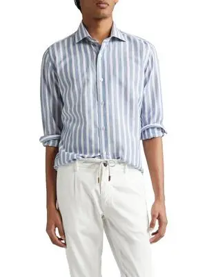 Eleventy Dandy Stripe Cotton & Linen Button-up Shirt - 08-01 Denim And White