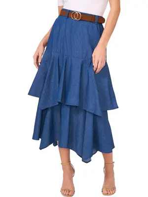 CECE DUPRAZ Tiered Denim Midi Skirt With Buckle Belt - Mid Indigo