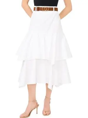CECE DUPRAZ Tiered Denim Midi Skirt With Buckle Belt - Ultra White