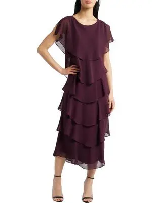 SL FASHIONS SLNY Tiered Chiffon Midi Dress Fig