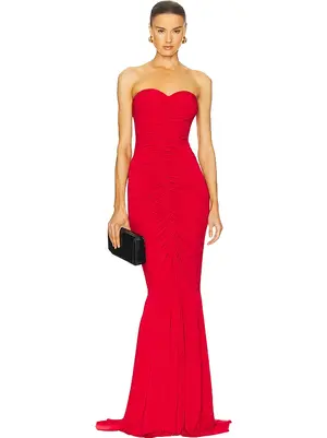 Norma Kamali Strapless Shirred Front Fishtail Gown - Tiger Red