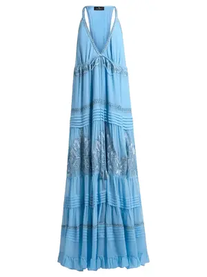 Etro Floral-embroidered Silk Dress - Blue