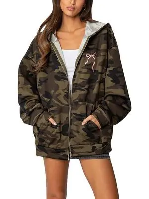 EDIKTED Camouflage Oversized Hoodie With Bow Detail - Olive