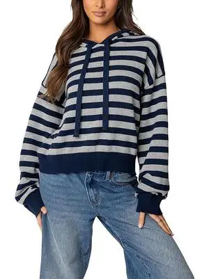 EDIKTED Striped Hooded Knit Sweater - Navy