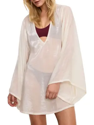 Good American Plunge Long Sleeve Sheer Cover-up Tunic - Cloud White001