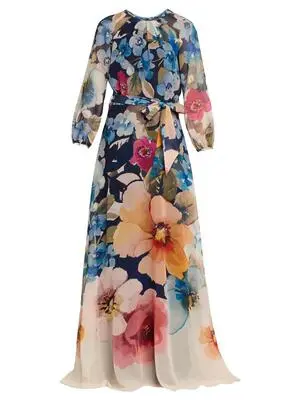 Rickie Freeman For Teri Jon Floral-print Chiffon Gown - Blue Multi