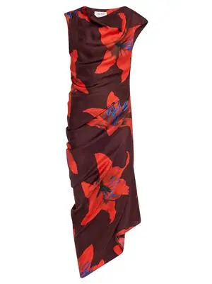 Alexander McQueen Lily-print Draped Midi Dress - Ruby Red