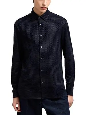 Emporio Armani Allover Logo Regular Fit Button Down Shirt - Navy Blue