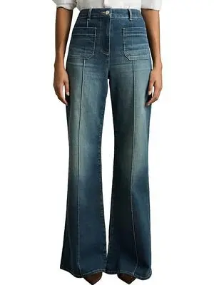 REISS Petites Sakura Flare Patch Pocket Jeans - Mid Blue