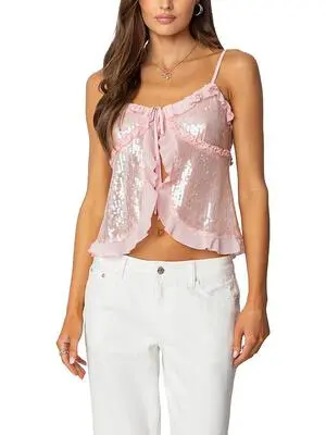 EDIKTED Sequin Ruffled Split-front Top - Light Pink