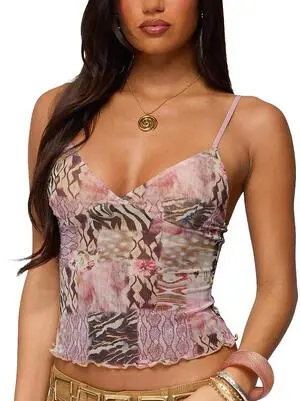 EDIKTED Animal Print Mesh Tank Top - Brown