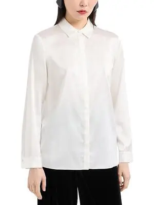 Emporio Armani Stretch Silk Satin Long Sleeve Button Down Blouse - White