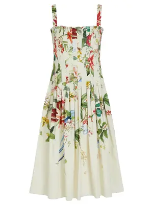 Oscar De La Renta Pleated Printed Cotton-blend Poplin Midi Dress - Ivory