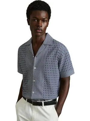 REISS Matisse Geometric-jacquard Cuban-collar Shirt - Navy/white