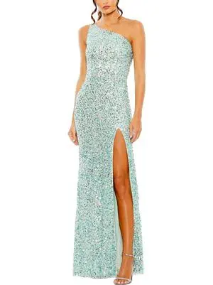 Mac Duggal Sequin One-shoulder Embellished Gown - Aqua