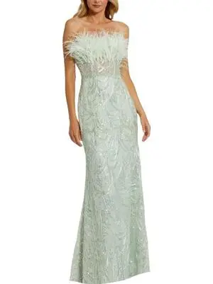 Mac Duggal Strapless Feather Bustier Gown - Mint