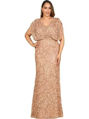 LARA NEW YORK Beaded Gown With Draped Cape Sleeves - Rose Gold