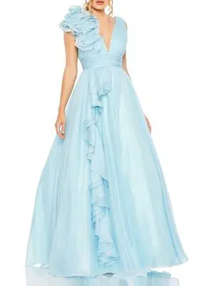 Mac Duggal Mac Duggal V-Neck Ruffled Shoulder A-Line Evening Gown Powder Blue