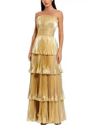 Mac Duggal Strapless Pleated Metallic High-low Gown - Gold