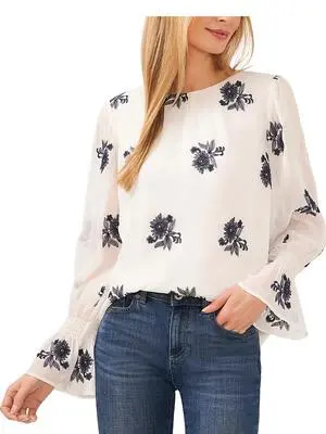 CECE DUPRAZ Long Sleeve Smocked Cuff Crewneck Blouse - New Ivory