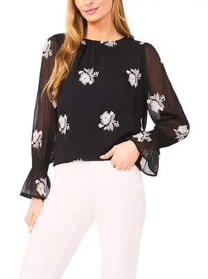 CECE DUPRAZ Long Sleeve Smocked Cuff Crewneck Blouse - Rich Black