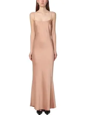 Andamane Long Satin Dress With Draped Back - Beige