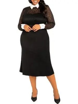 BUXOM COUTURE Lace Collar Long Sleeve Midi Dress - Black