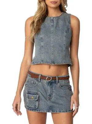 EDIKTED Quinlan Sleeveless Denim Top - Blue