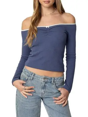 EDIKTED Long-sleeve Off-the-shoulder Top - Navy
