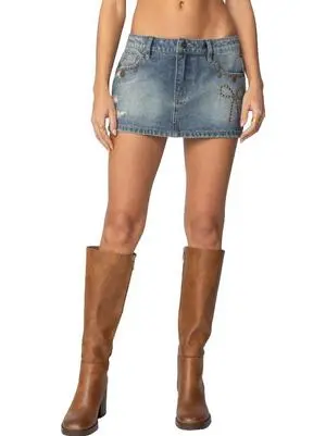 EDIKTED Studded Bow Distressed Denim Miniskirt - Blue