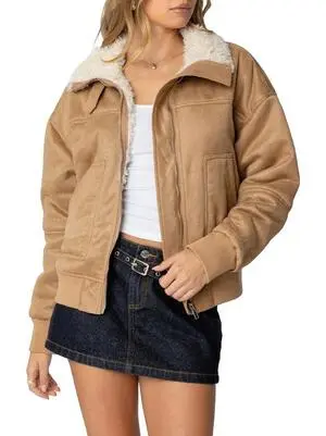EDIKTED Faux Shearling Bomber Jacket - Tan