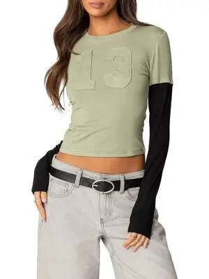 EDIKTED Appliqué Layered Long Sleeve T-shirt - Olive