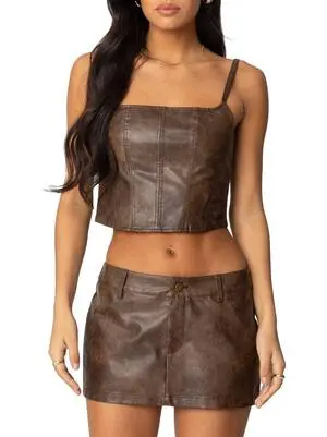 EDIKTED Faux Leather Cropped Tank - Brown-washed