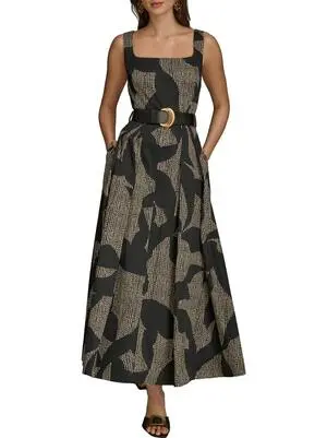 Donna Karan New York Floral Stretch Cotton Midi Dress - Black/ Sand