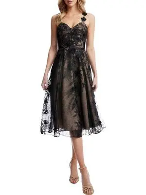 Dress The Population Maren Floral Lace Cocktail Midi Dress - Black-beige