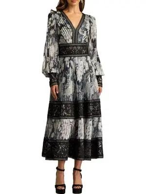 Tadashi Shoji Floral Lace Detail Metallic Thread Midi Dress - Ivory/ Black