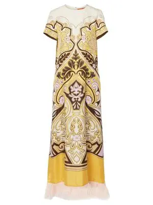 La DoubleJ Printed Feather-trimmed Silk Maxi Dress - Multicoloured
